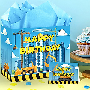 CASLON 1Pc Construction Birthday Gift Bag with Tissue Paper and Card, Blue Construction Birthday Wrapping Paper Bag Construction Truck Party Gift Bag Christmas Gift Bag for Boys Construction Birthday