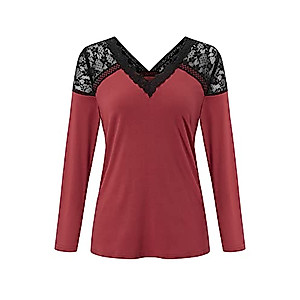 LAISHEN Women's V Neck Crochet Lace Trim Long Sleeve Casual Loose Blouses Tunic Tops(Red,M)