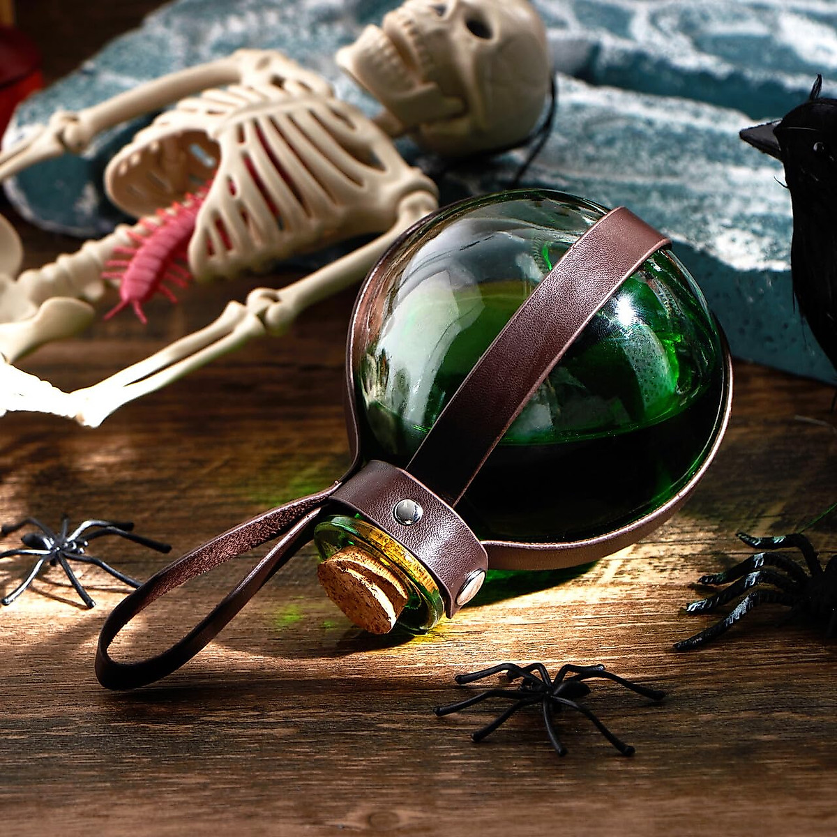 Spooktacular Creations Potion Bottles with Cork, Magic Round Glass Bottles prop with Cork Stopper and Faux Leather holster Loop Accessories for Halloween Mystic Sorcery Witch Costumes Party