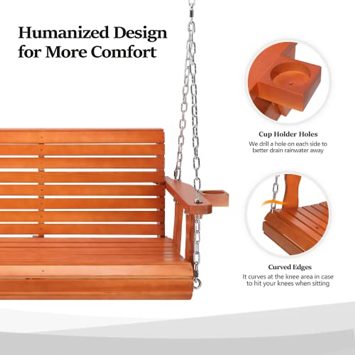 VINGLI Heavy Duty 880 LBS Patio Porch Swing Outdoor with Cup Holder, Hanging Chair with Adjustable Secure Chains, Pine Wood Outdoor Bench Tree Swing for Yard | Garden | Lawn | Balcony (5 FT, Brown)