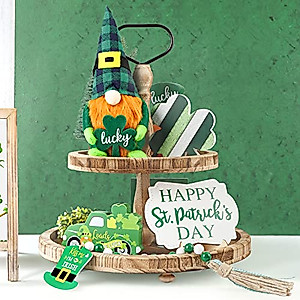St Patricks Day Tiered Tray Decor, St Patricks Day Decorations Set with Gnomes Plush & 3 Wooden Signs & Wooden Bead Garland for The Home (Tray not Included)