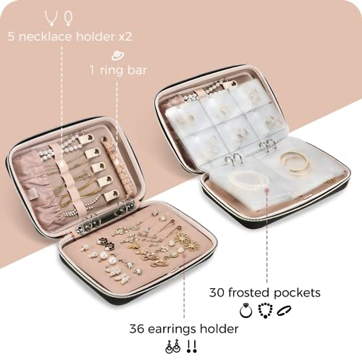 ProCase Large Travel Jewelry Organizer Case, Jewellry Home Storage Book Ring Binder with Clear Pockets for Presentation, Zippered Pouch Bag for Earrings Necklaces Bracelets -Black