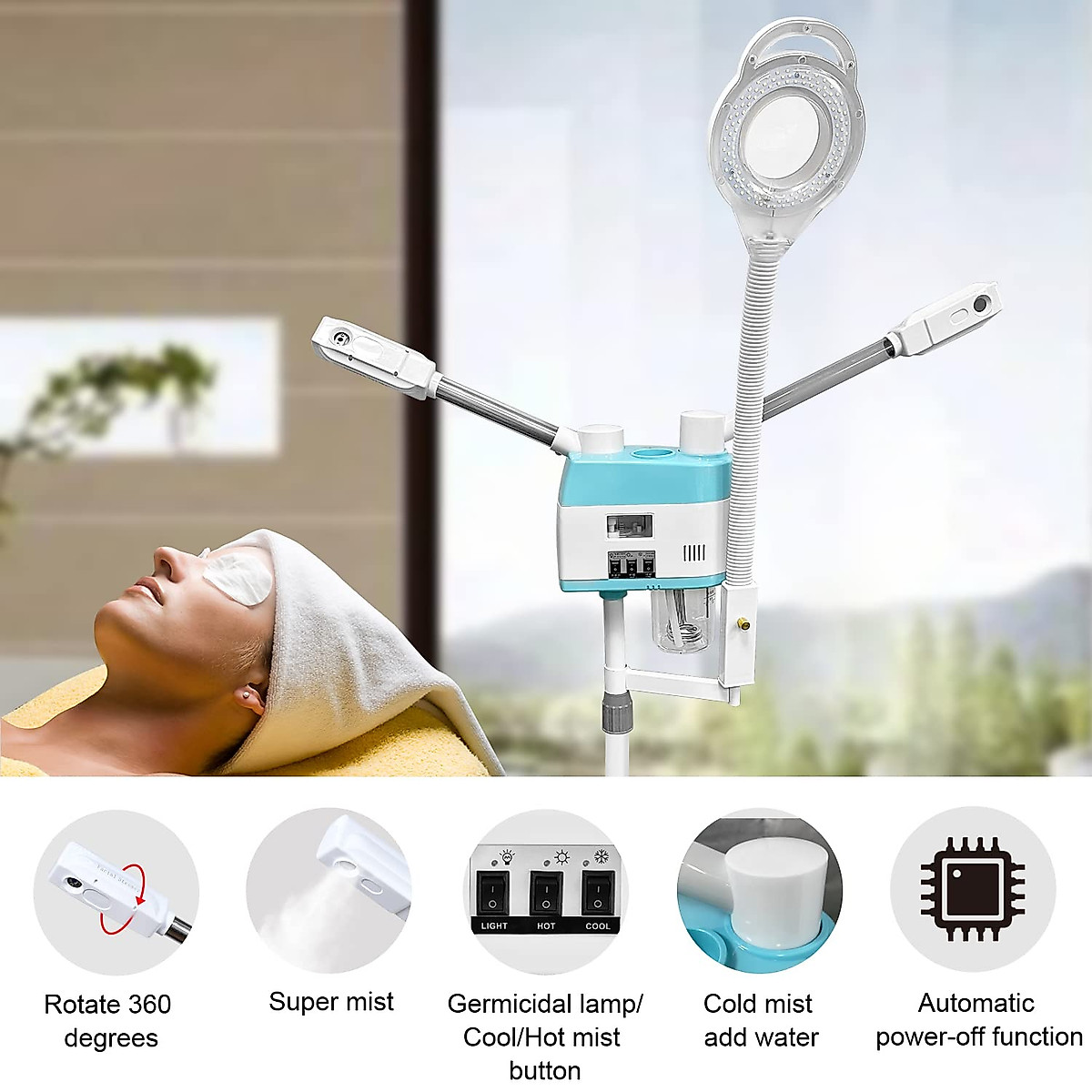 FLOLXNB Facial Steamer, Professional 3 in 1 Cool/Hot Mist Facial Steamer with 8X Magnifying LED Lamp, Face Steamer On Wheels for Salon Spa Beauty Skin Care