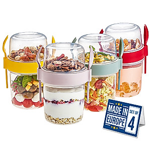 Crystalia Yogurt Parfait Cups with Lids, Large Breakfast On the Go Plastic Bowls with Topping Cereal Oatmeal Salad or Fruit Container with Spoon for Snack Box, Reusable Set of 4 (Large 22 oz)