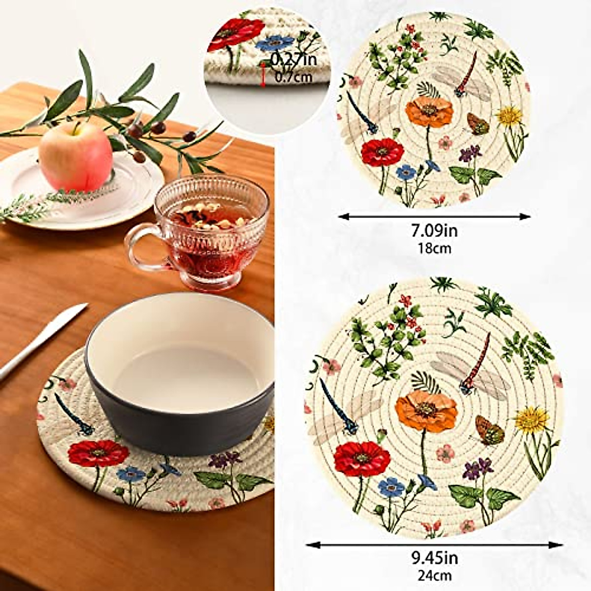 Decorative Trivets Set for Hot Pots Dishes Heat Resistant, Dragonfly Floral Pans Hot Mats Pads for Kitchen Counter Tops Dining Washable Pot Holder Coasters