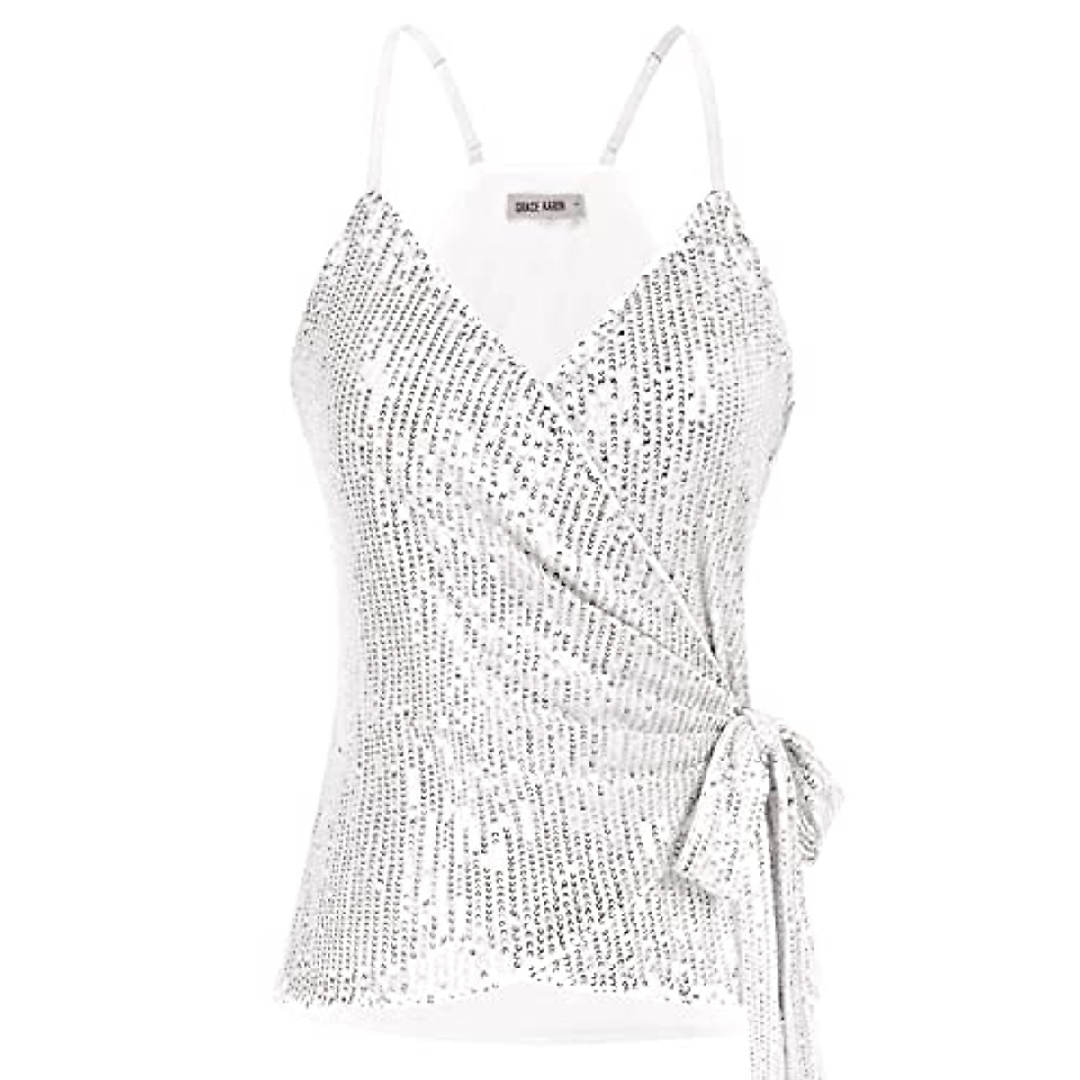 Sparkle Tops for Women Sequin Tank Top V Neck Tie Waist Top Sexy Club Cocktail Vest Shirt Silver White M