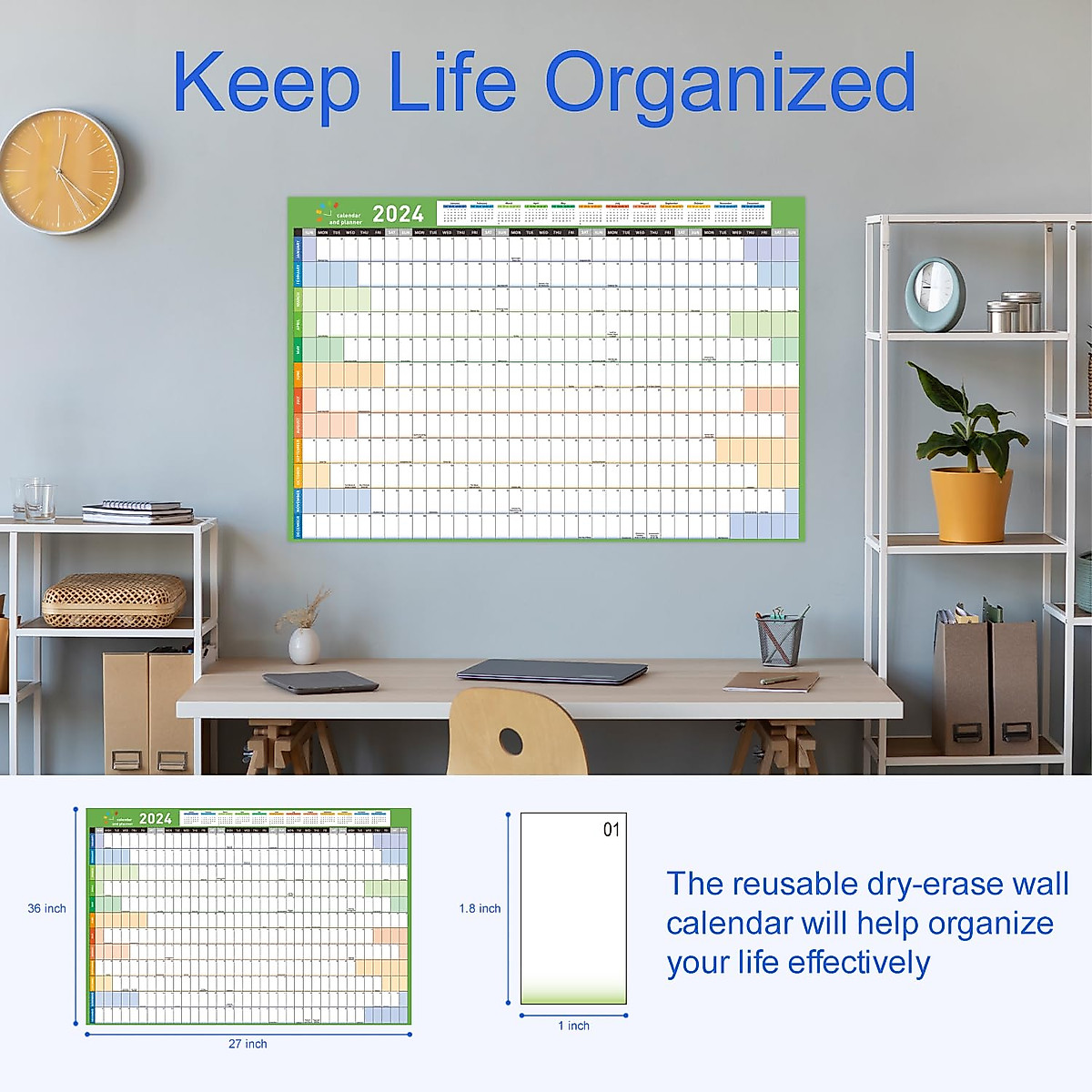 Ziphius Large Dry Erase Calendar for Wall - 12 Month Horizontal/Vertical Blank Calendar Planner, 24" x 36", Erasable & Reusable, Great Layout Whiteboard Calendar Dry Erase for Home, Office, and School