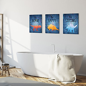 Apicoture Dinosaur Wall Art - Navy Blue Orange Funny Jurassic Dinosaur World Paintings Canvas Wall Art Brave Happy Cartoon Quotes Pictures For Kids Room Wall Framed, 12"X16"X3 Panels