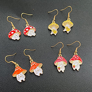 T-ztoss 4 Pairs Gold Fashion Woman Sweet Fresh Handmade Mushroom Drop Dangle earring Chic Charm Colorful Drop Oil Mushroom Food Earrings Cute Funny Plant Shape Ear Pendant Fashion Jewelry Gifts for Women(4 Pairs)