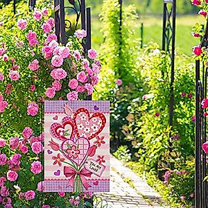 Dyrenson Happy Valentine's Day Pink Red Love Hearts Flower Decorative Garden Flag, Floral Purple Buffalo Plaid Check Farmhouse Yard Outside Decorations Wedding Anniversary Outdoor Small Decor 12x18