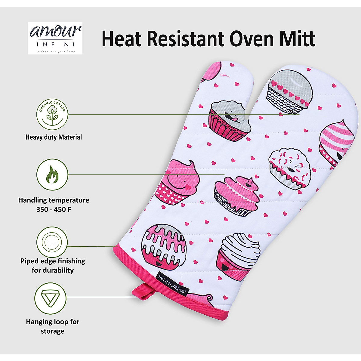 AMOUR INFINI Oven Mitts Set of 1 - Non-Slip Oven Mitts for BBQ, Cooking, Grilling, Baking - Heat Resistant Oven Gloves Quilted Liner with Hanging Loop (Valentine Cup Cake - 7x13 Inches)