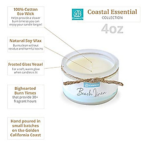 BB Candles Coastal Essentials Natural Soy Hand Poured Candle, Beach Linen Scent, Fragrant Coastal Candle with Strong Scents, Artisan Candle, 4oz, 30+ Hours Burn Time