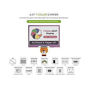 waveshare 4.01inch Colorful E-Paper E-Ink Raw Display Compatible with Raspberry Pi 4B/3B+/3B/2B/B+/A+/Zero/Zero W/WH/Zero 2W Series Boards 640×400 Pixels ACeP 7-Color Without PCB