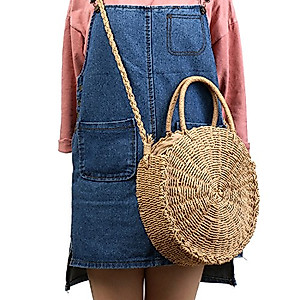 Handwoven Round Rattan Bag Shoulder Leather Straps Natural Chic Hand Round Straw Beach Bag (Coffee color)