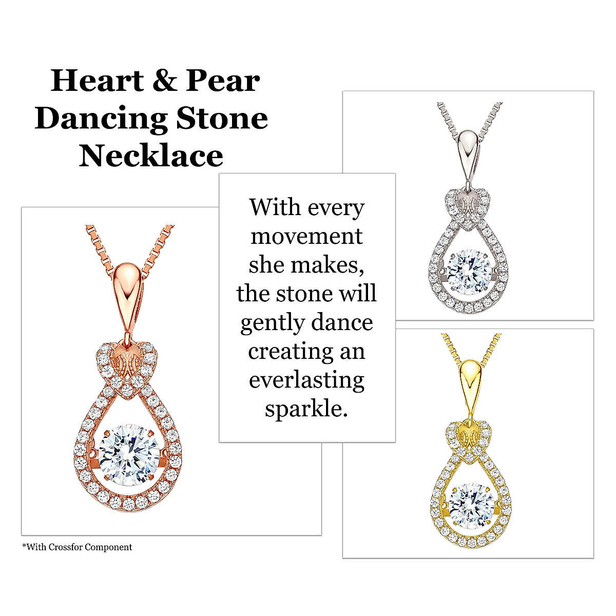 Central Diamond Center Heart & Pear Dancing Gemstone Necklace 925 Sterling Silver & Pure Brilliance Zirconia, Platinum Plated