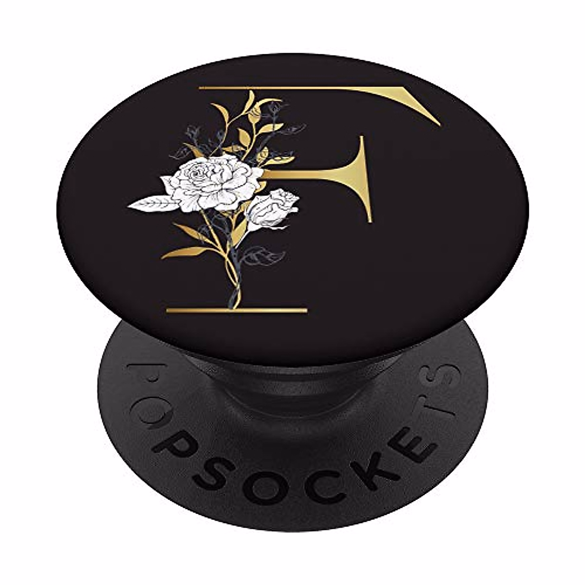 Initial F Monogram Chic Black Background Floral Letter F PopSockets Grip and Stand for Phones and Tablets