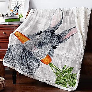 Sherpa Blankets Fleece Throw Blanket Reversible Soft Cozy Bed Blankets Easter Watercolor Bunny with Carrot,Flannel Sofa Throws,Grey and White Buffalo Plaid Fuzzy Warm Blankets for Couch,50x80in