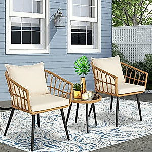 BPTD 3 Piece Outdoor Bistro Set Patio Set Balcony Furniture Outdoor Furniture Rattan Chair Conversation Sets with Side Table for Porch, Backyard, Balcony (Brown/Ecru White)