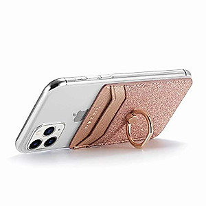 Phone Card Holder Sleeve RFID Credit Wallet with Kickstand Ring for Women, DMaos 2 Pieces Glitter Sands Wallet Stick-On Back Grip for iPhone Samsung Android and Smartphones - Pink + Gold