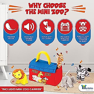 Bundaloo Plush Mini Zoo Playset - Giraffe, Elephant, Lion, Zebra - Interactive Animals, Carrier with Velcro Closure, Natural Sound Effects for Babies and Toddlers