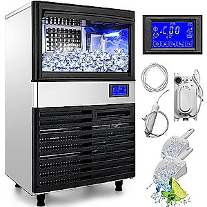 Commercial Stainless Steel Ice Maker Machine with 110LBS/24H Capacity, 39LBS Bin, Electric Water Drain Pump, Water Filter, 2 Scoops, and Connection Hose - Auto Operation for Home, Bar, Restaurant