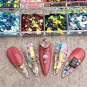 12 Grids Chameleon Nail Art Sequins Polygon Holographic Nail Supplies Bright Moving Nail Glitter Pattern Mermaid Nail Glitters Flakes Design 3D DIY Acrylic Nails for Women Manicure Powder Decorations