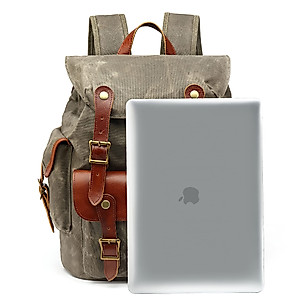 Waxed Canvas Leather Backpack for Men, Military Tactical Shoulder Rucksack for Travel Bag (M85_Khaki)