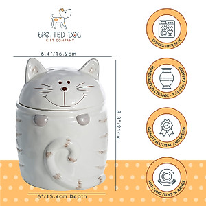 SPOTTED DOG GIFT COMPANY Cat Cookie Jar with Lid, Ceramic Kitchen Canister for Countertop, Cute Novelty Food Storage Container, Cat Kitchen Accessories Decor Gifts for Cat Lovers, White 47oz