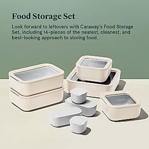 Caraway Glass Food Storage Set, 14 Pieces - Ceramic Coated Food Containers - Easy to Store, Non Toxic Lunch Box Containers with Glass Lids - Includes Storage Organizer & Dot & Dash Inserts - Cream