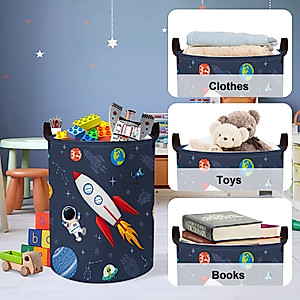Clastyle 45L Rocket Astronaut Laundry Hamper for Bedroom Waterproof Collapsible Blue Universe Toys Storage Basket with Drawstring, 14.2 * 17.7 in