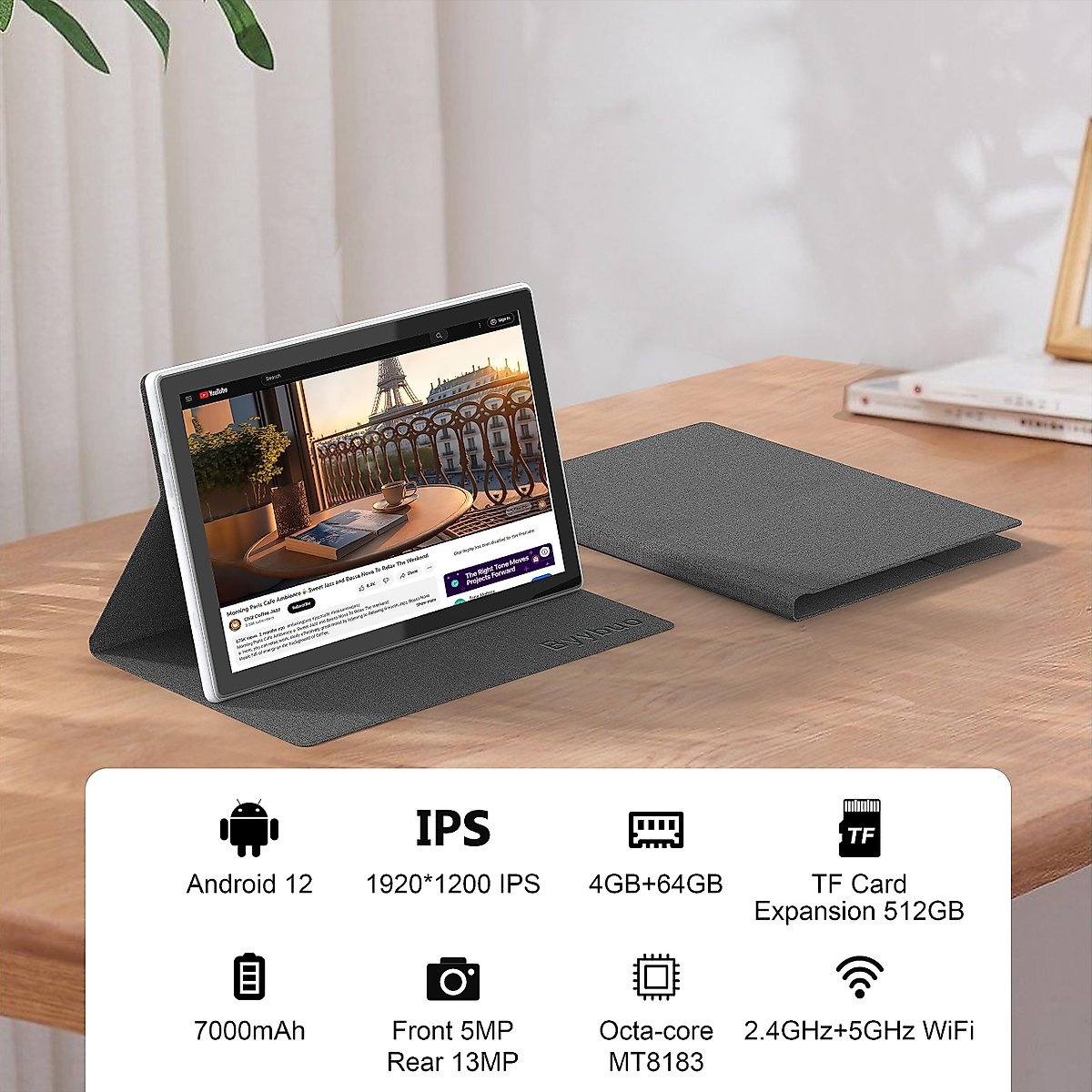 BYYBUO Android Tablet 10.1 Inch, Android 12 Tablet with Case, 1920x1200 IPS FHD Display, 2.0 GHz Octa-Core Processor, 4GB RAM 64GB ROM 7000mAh Battery,Dual Camera,WiFi,Bluetooth,GPS