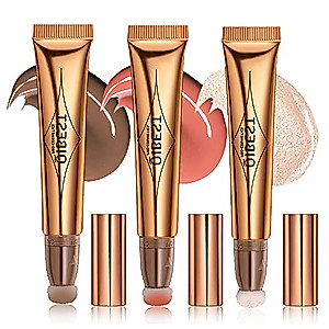 Yeweian 3PCS Liquid Contour Beauty Wand, Liquid Blush Highlighter Makeup Stick with Applicator, Cream Bronzer Stick Natural Matte Finish, Lightweight Blendable Cream Contour Highlighter Blush Wand