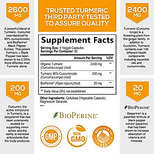 Turmeric Curcumin Supplement with BioPerine 95% Curcuminoids 2600mg with Black Pepper for Best Absorption, Bottled in USA, Best Natural Vegan Joint Support, Nature's Tumeric Capsules - 240 Capsules