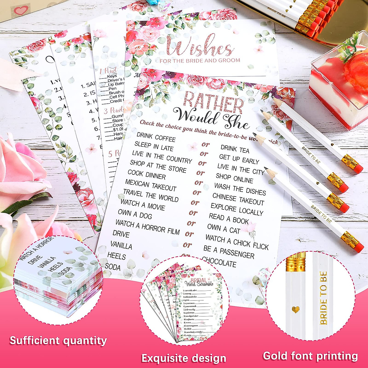 300 Pcs Bridal Shower Games Supplies Include 5 Sets 50 Wedding Games Cards and 50 Pencils, Bridal Shower Decorations Bridal Favors for Guests Bride Groom Bridal Wedding, 50 Guests (Fresh Style)