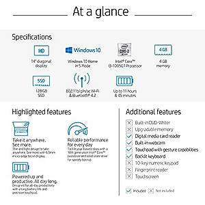 HP 14-Inch Laptop, 10th Gen Intel Core i3-1005G1, 4 GB SDRAM, 128 GB Solid-State Drive, Windows 10 Home in S Mode (14-dq1010nr, Silver)