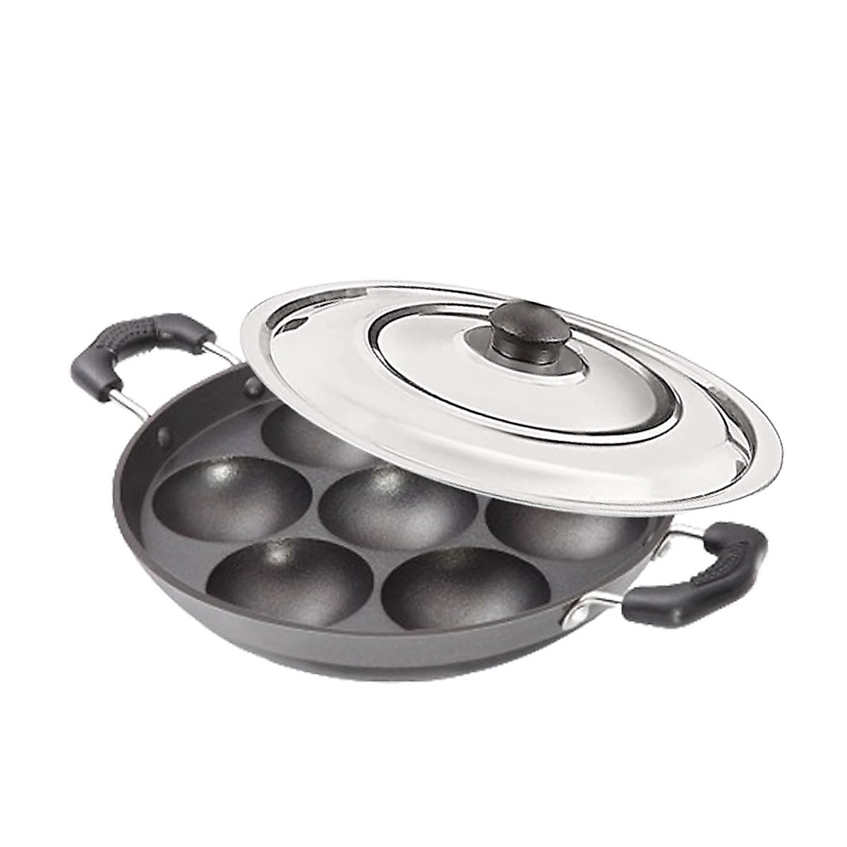 Satre Online and Marketing Small 7 Cavity Non-Stick Aluminium Heavy Induction Base Appam Pan With Steel Lid - Black,Silver,Red