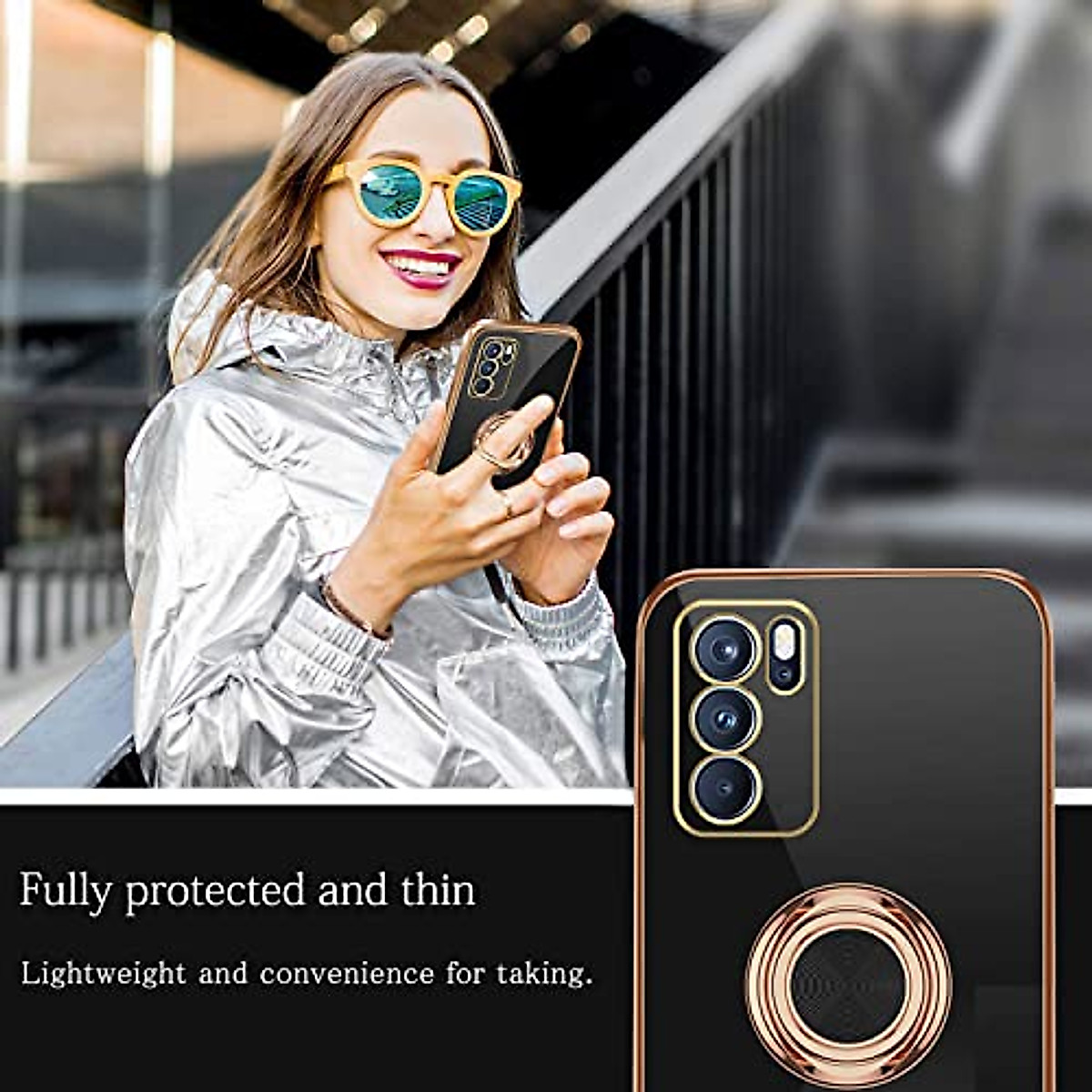 Compatible with Oppo Reno 6 Pro Case Silicone Shockproof Phone Cases for Oppo Reno 6 Pro 5G Anti-Scratch Cute Protective Case with Ring (Black, Oppo Reno 6 Pro 5G)