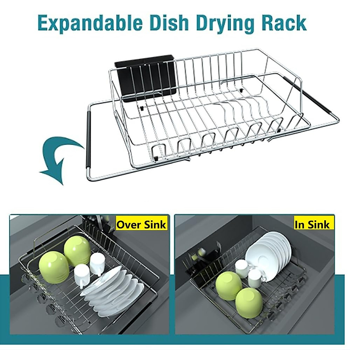 DOLRIS Dish Drying Rack, Dish Drainer for Kitchen Counter, SUS304 Stainless Steel Dish Rack with Utensil Holder and Dish Drying Mat, Silver