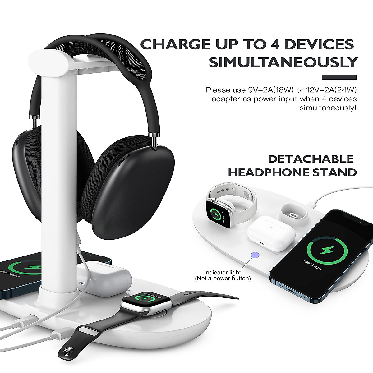 Headphone Stand with 15w Wireless Charger, Suguder 4 in 1 Charging Station Headset Holder for AirPods Max/Pro/4/3/2 iWatch 10/9/8/7/6/5/4/3/2/1/SE iPhone 16/15/14/13/12/11/X for Desktop Table Game