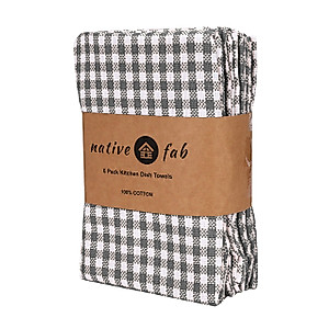 Native Fab 6 Pack Gingham Farmhouse Kitchen Dish Towels Cotton Absorbent Durable Washable 15x25 - Tea Towels, Dish Cloths, Restaurant Cleaning Towels, Kitchen Towels with Hanging Loop, Grey White