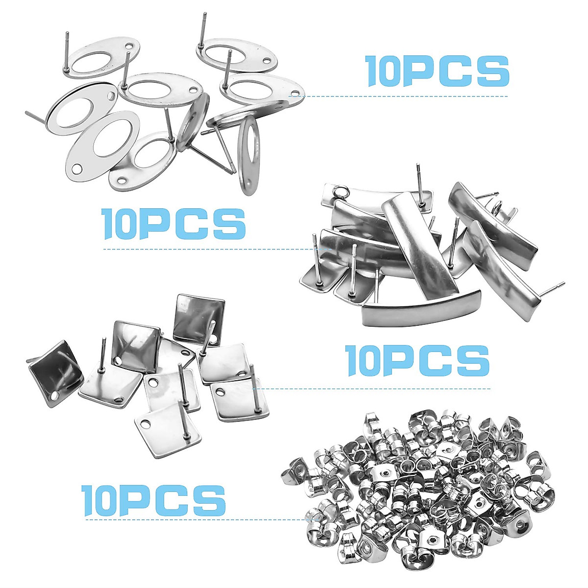 Aylifu 30pcs Stud Earring Findings Earring Post with Loop and 30pcs Stainless Steel Earring Backs for Jewellery Making,Silver,3 Styles