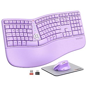 MEETION Ergonomic Wireless Keyboard and Mouse, Ergo Keyboard with Vertical Mouse, Split Keyboard Cushioned Wrist Palm Rest Natural Typing Rechargeable Full Size, Windows/Mac/Computer/Laptop,Purple