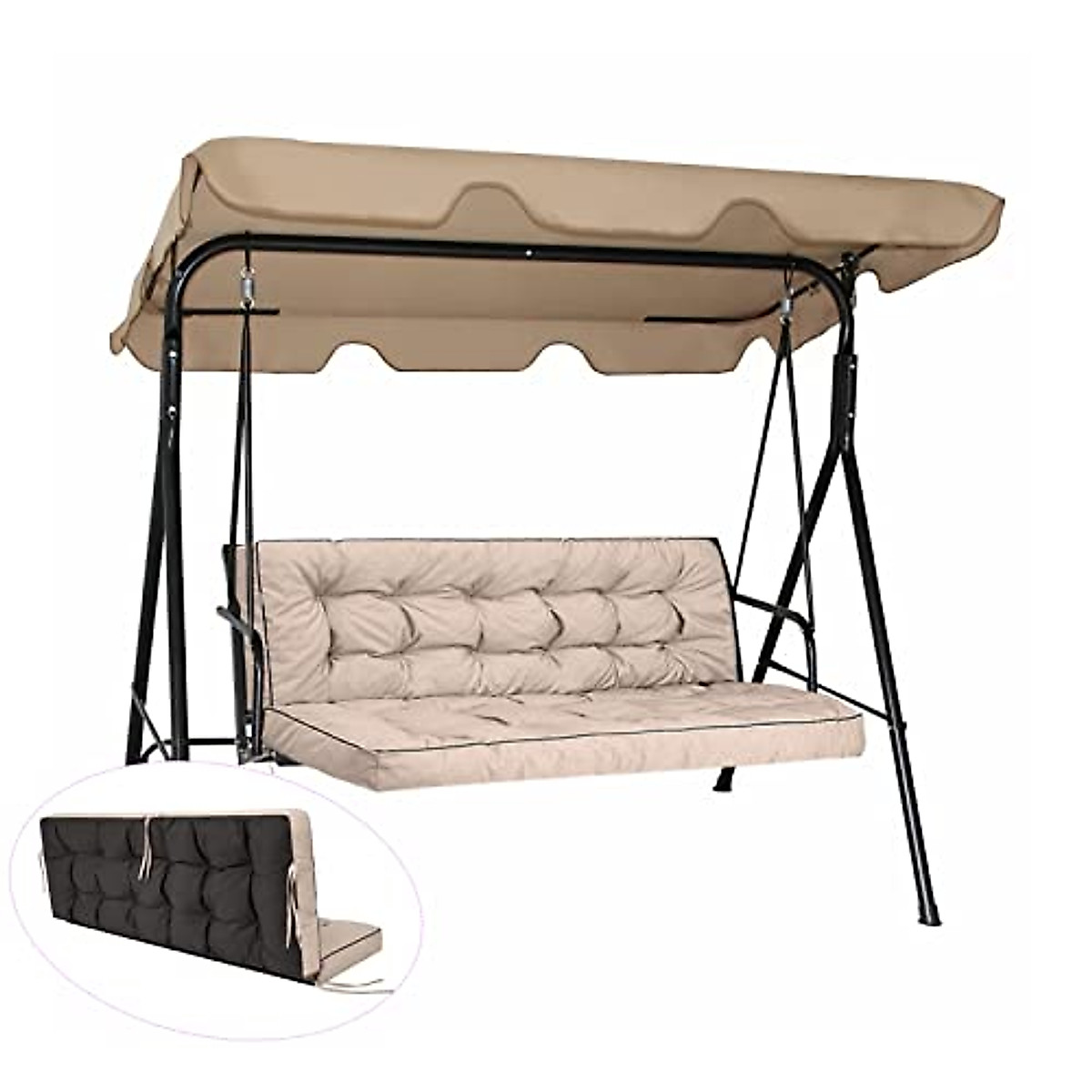 Dttra Swing Cushions 3 Seater Replacement, Waterproof Porch Swing Cushions, Thicken 5" Bench Cushions for Outdoor Furniture with Backrest, Patio Garden Backyard Loveseat Sofa Pads (Khaki 55 * 40in)