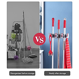 Xifando Broom and Mop Holder Wall Mount -Mop and Broom Storage Rack Wall Mounted Utility Rack (3 Slots 4 Hooks-Grey)