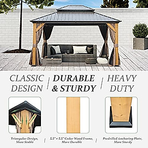 domi outdoor living 12x14 ft Wood Gazebo, Cedar Frame Hardtop Gazebo with Galvanized Steel Double Roof, Netting & Curtains, Patio Pergola Pavilion for Patio, Backyard, Deck, Lawns