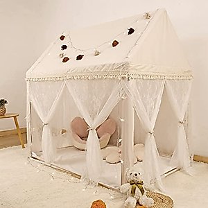 Kids Play Tent Indoor Outdoor, Large Play House Tents for Toddlers 3-12 Years Old, Girls Boys Play Tents with Non-Slip Mat, Tassel Garland and Star Lights, Neutral Color 52" x 35" x 52"