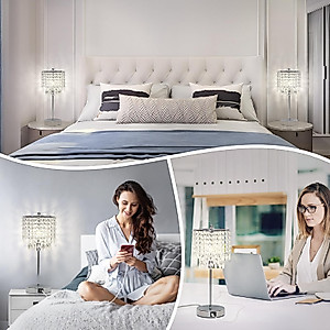 Boncoo Crystal Table Lamp Set of 2 Touch Control, Crystal Lamps with USB Ports Elegant Shade Bedside Lamp Silver, Dimmable Touch Table Lamp for Nightstand Bedroom Living Room, 4W LED Bulb Included