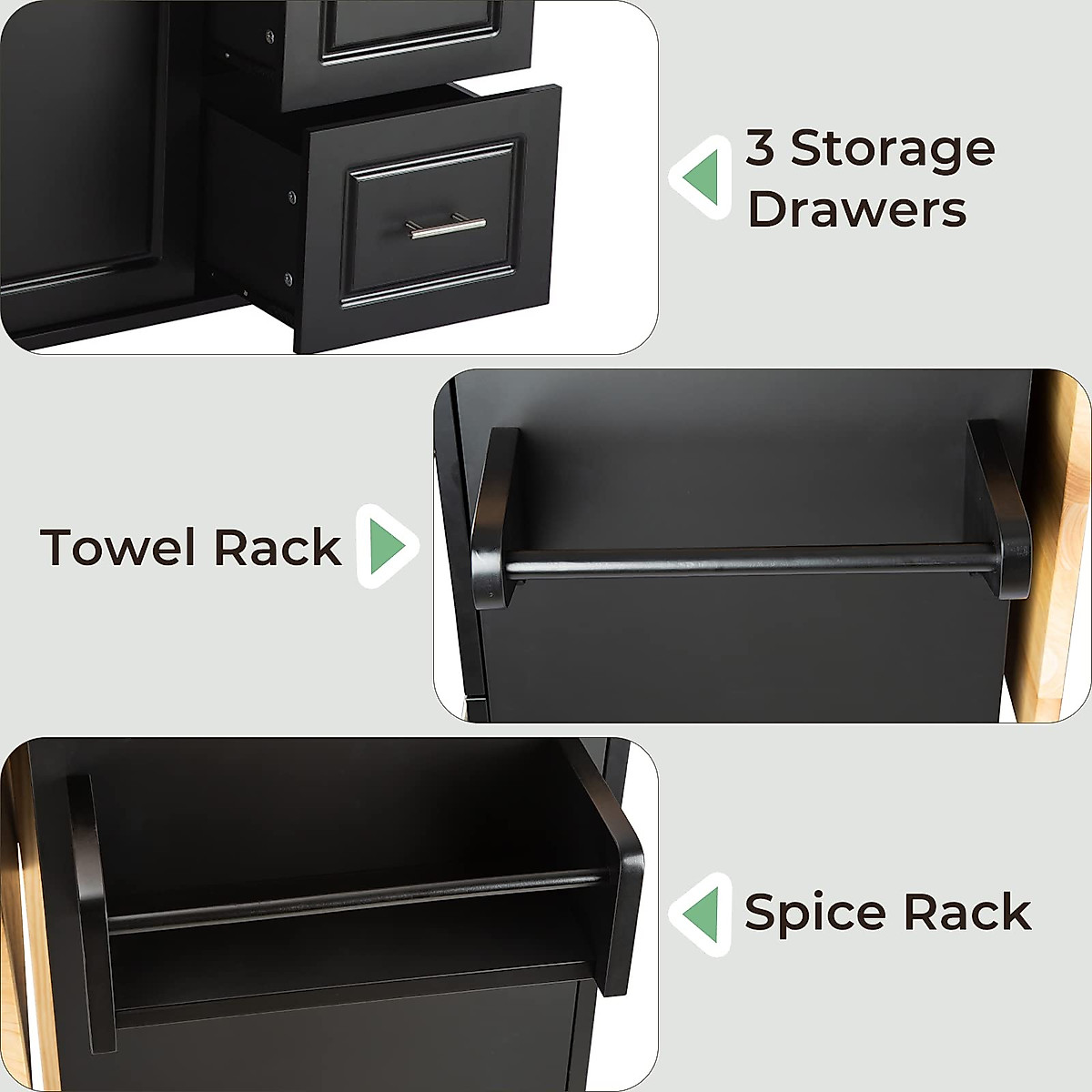 Unovivy Large Kitchen Island Cart with Drop Leaf, Kitchen Island with Storage, Rolling Kitchen Island with Adjustable Shelf Inside Cabinet, 3 Drawers, Spice Rack, Towel Rack and Wood Table Top