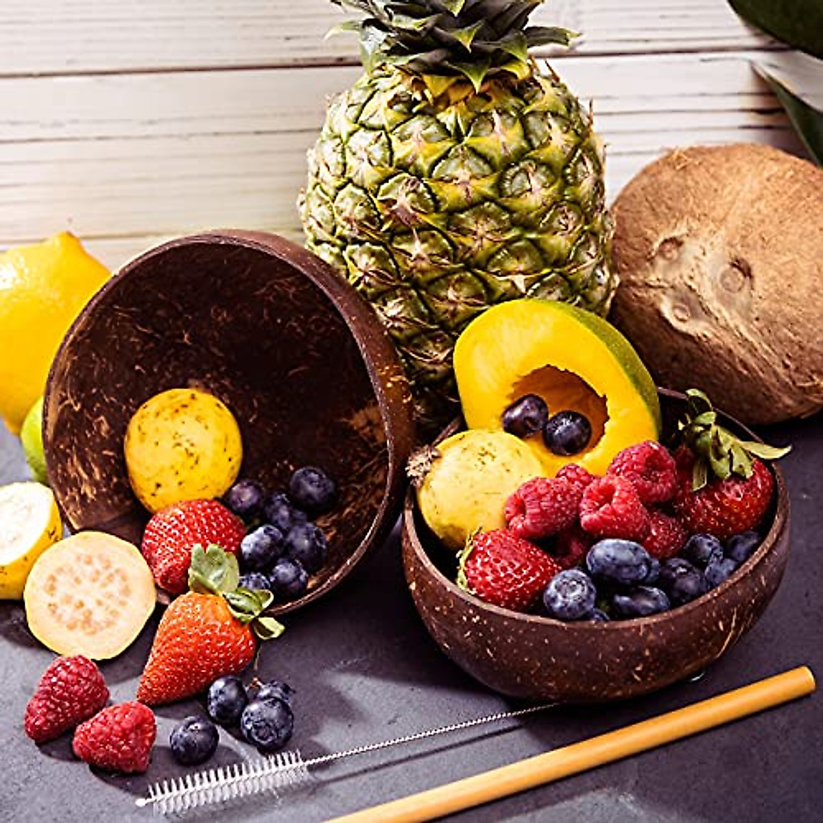 NaturalX Premium Coconut Bowls with Spoons (Set of 4) | Made from 100% Coconut Shell | Organic, Handmade, Vegan, Natural, Bamboo, Wooden, Eco Friendly, Reusable Bowl for Breakfast, Serving, Party