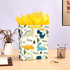 SUNCOLOR 13" Large Gift Bag with Tissue Paper for Kids (Dinosaurs)